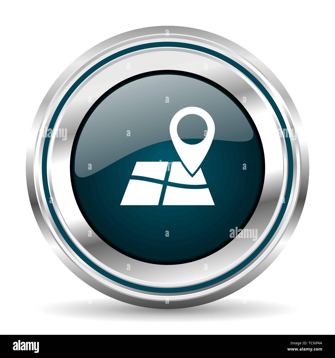 Gps, map, travel vector icon. Chrome border round web button. Silver ...
