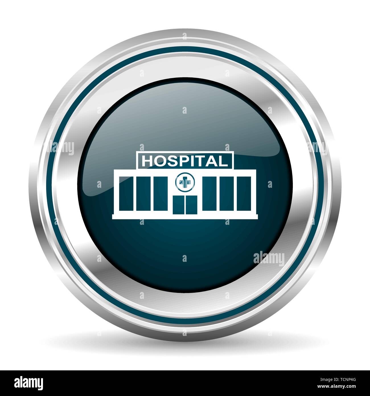 Hospital building vector icon. Chrome border round web button. Silver ...