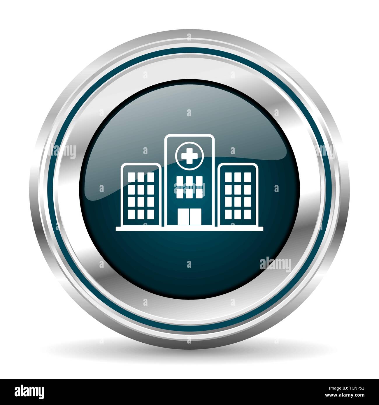 Hospital building vector icon. Chrome border round web button. Silver ...