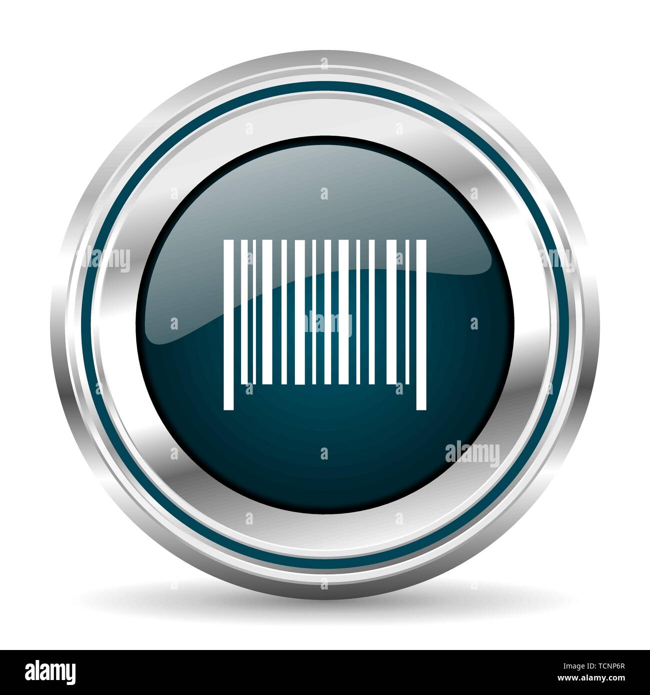 Barcode vector icon. Chrome border round web button. Silver metallic ...