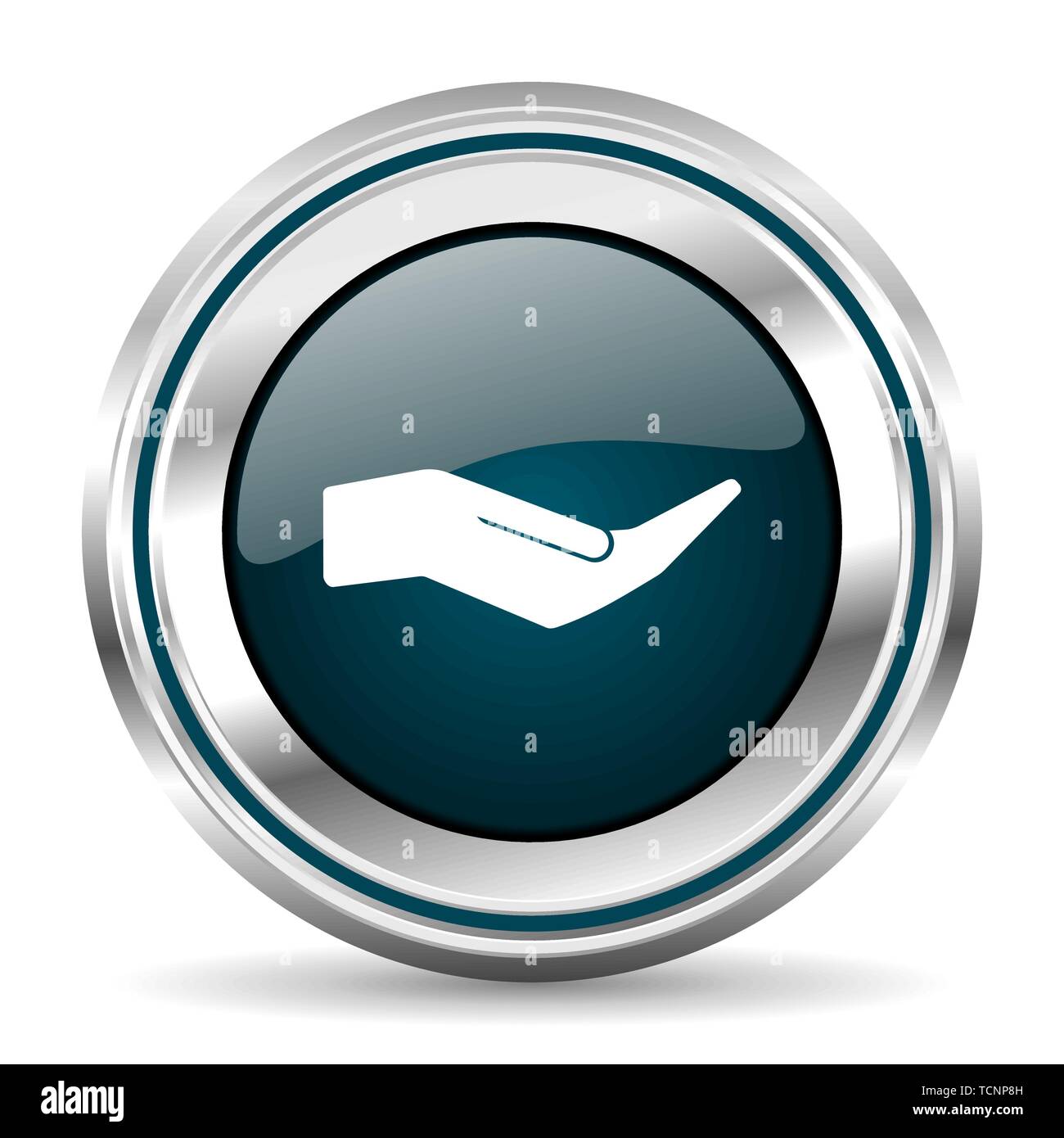 Human care hand vector icon. Chrome border round web button. Silver ...