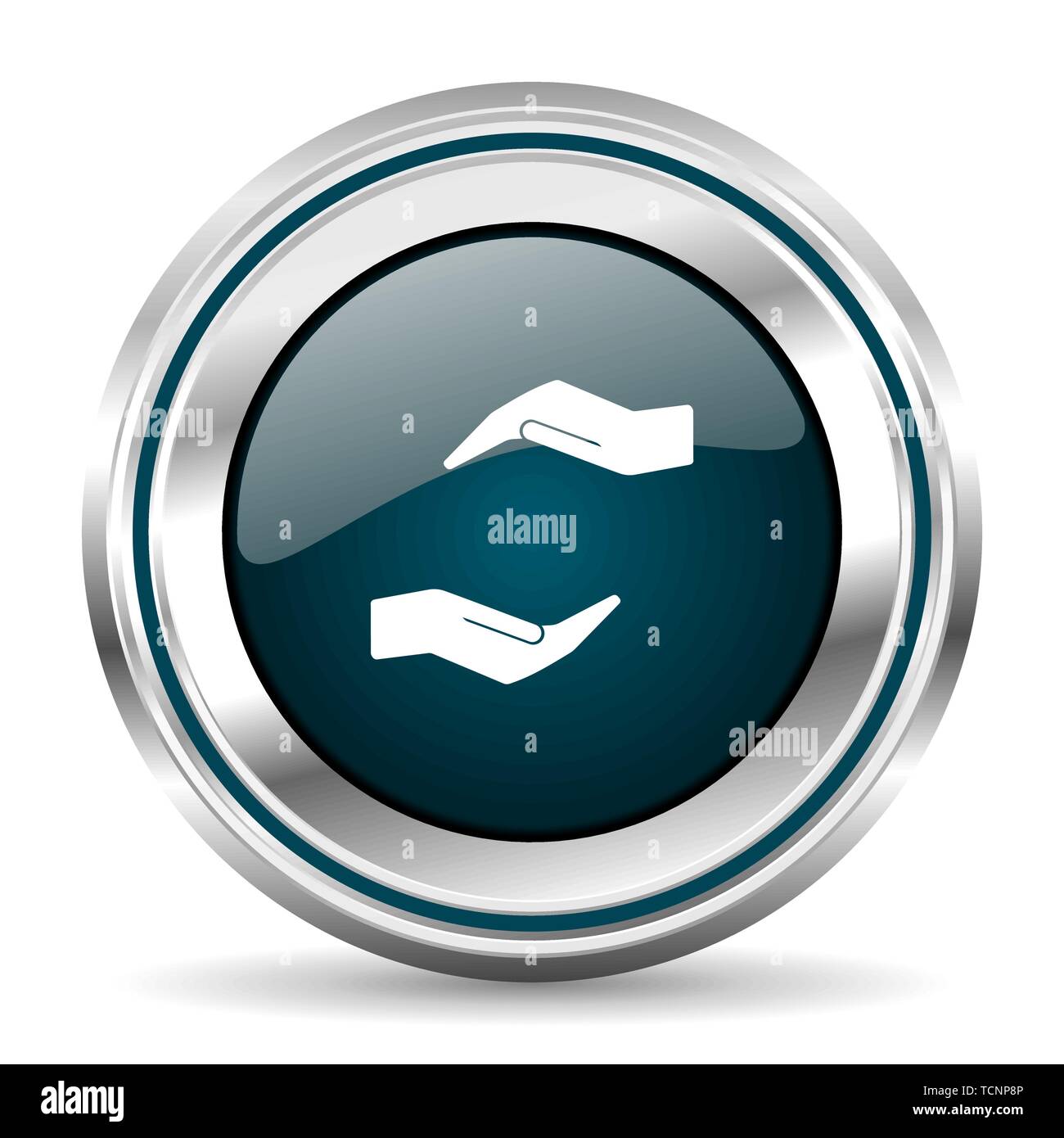 Human care hand vector icon. Chrome border round web button. Silver ...