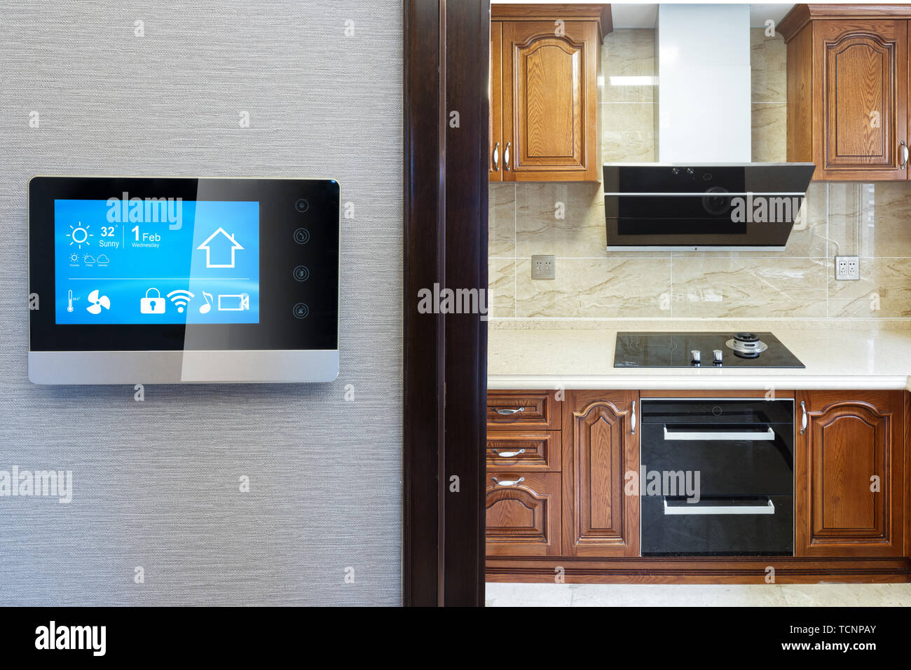 smart screen with smart home with modern kitchen Stock Photo - Alamy