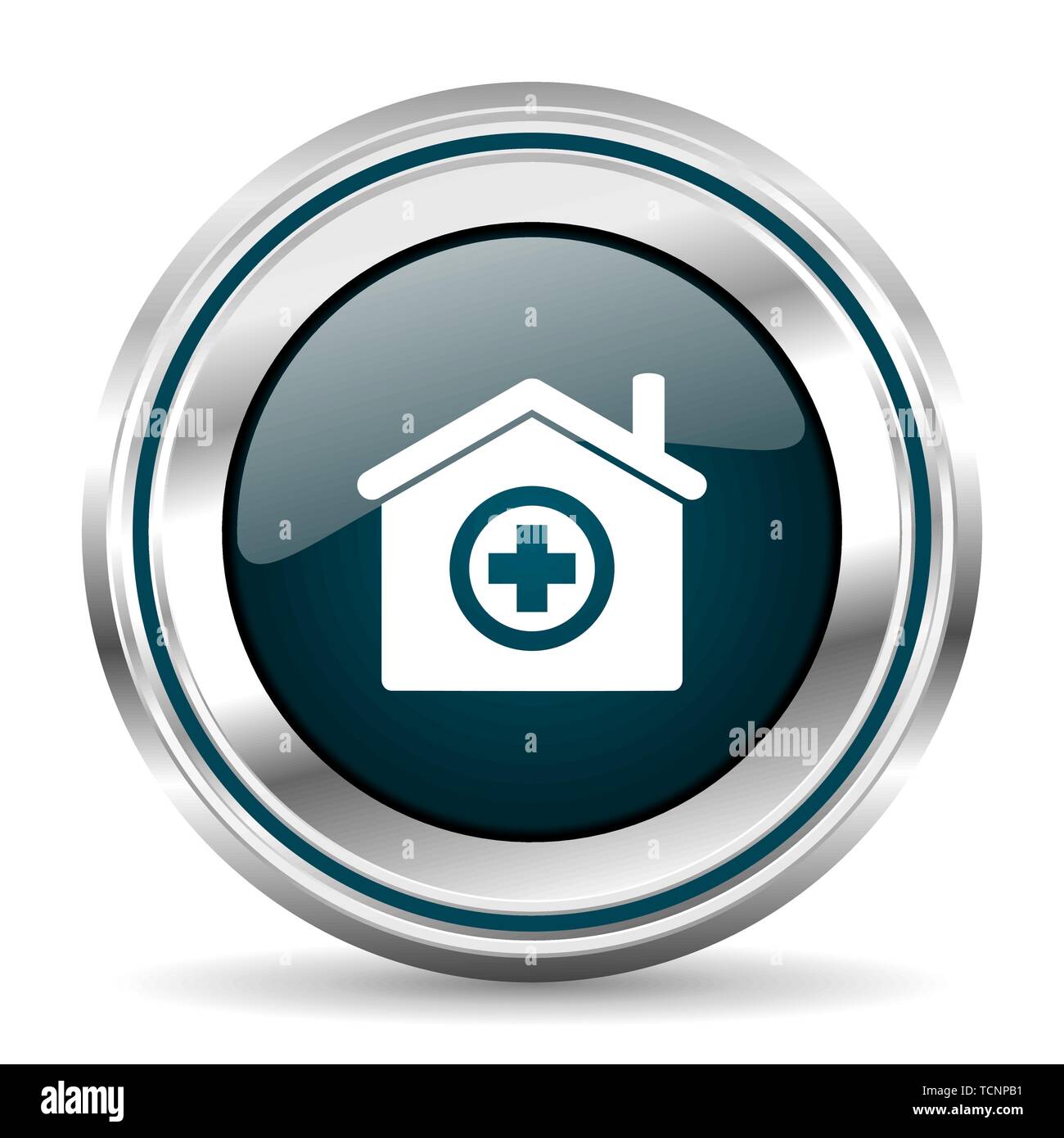 Hospital vector icon. Chrome border round web button. Silver metallic ...