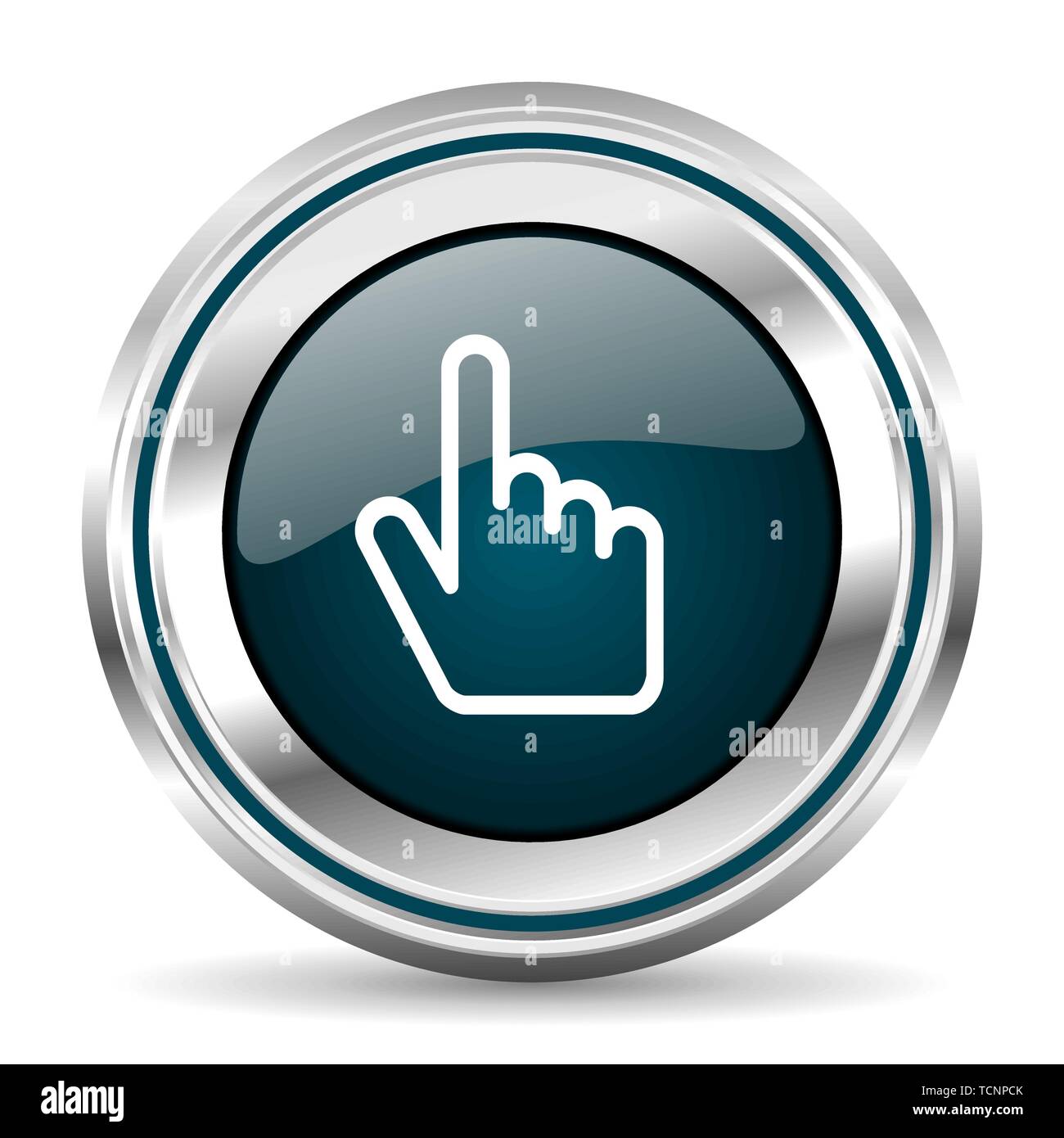 Cursor hand vector icon. Chrome border round web button. Silver ...