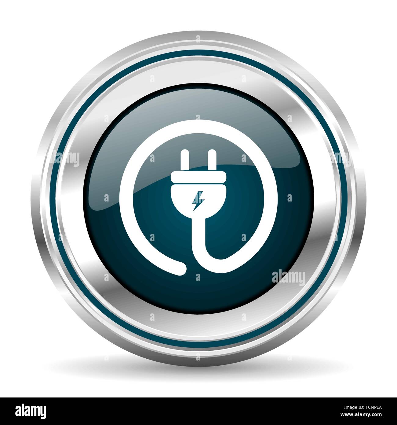 Plug power vector icon. Chrome border round web button. Silver metallic ...