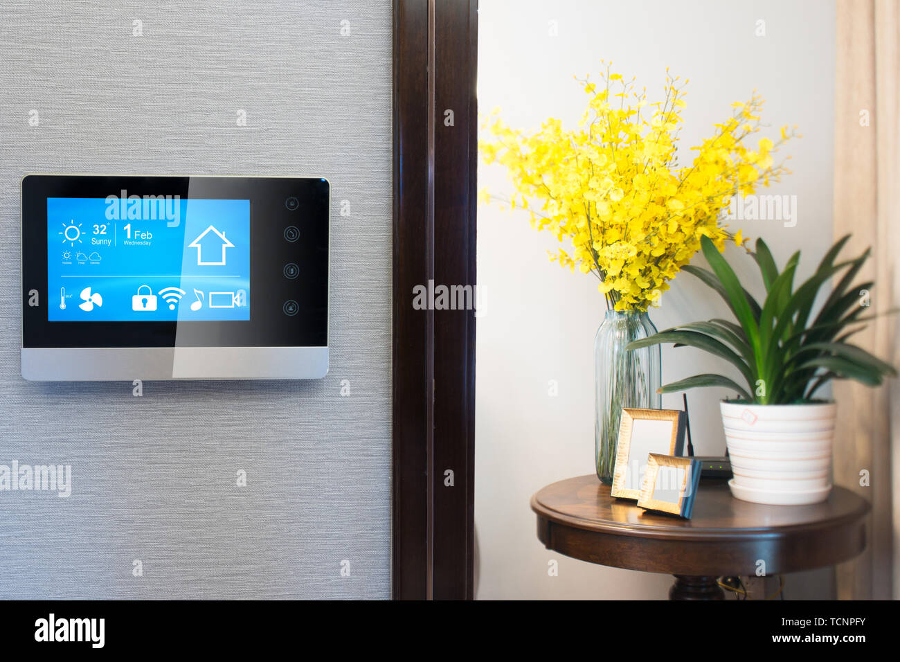 smart screen with smart home with modern living room Stock Photo - Alamy