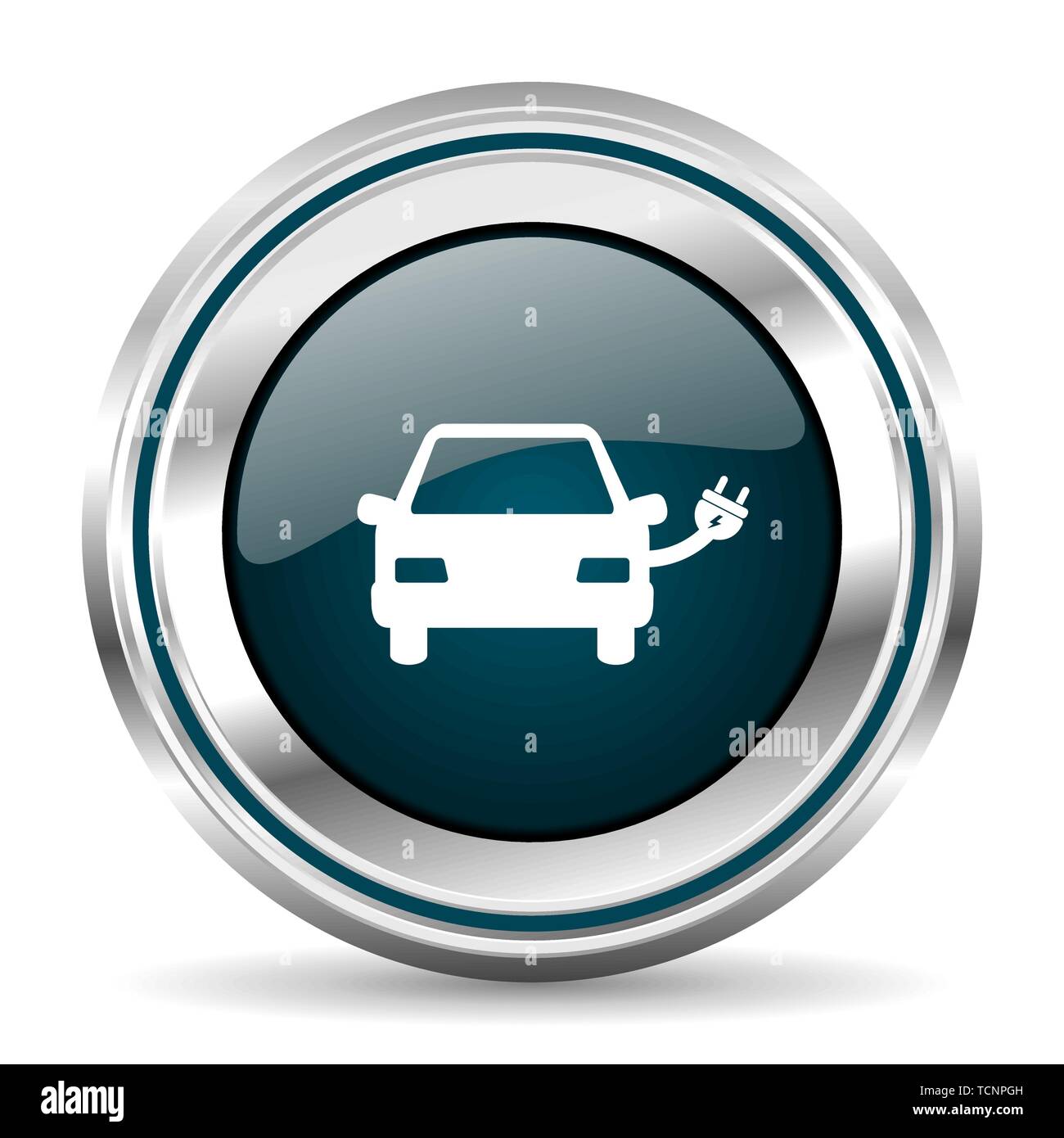 Electric car, power vector icon. Chrome border round web button. Silver ...