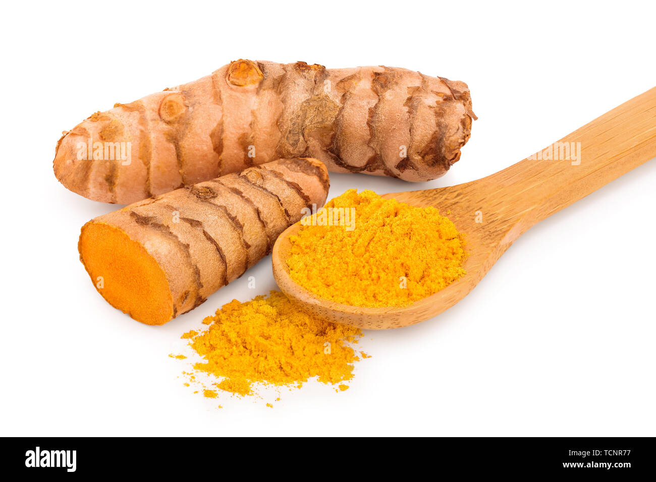 turmeric root and powder isolated on white background close up Stock ...