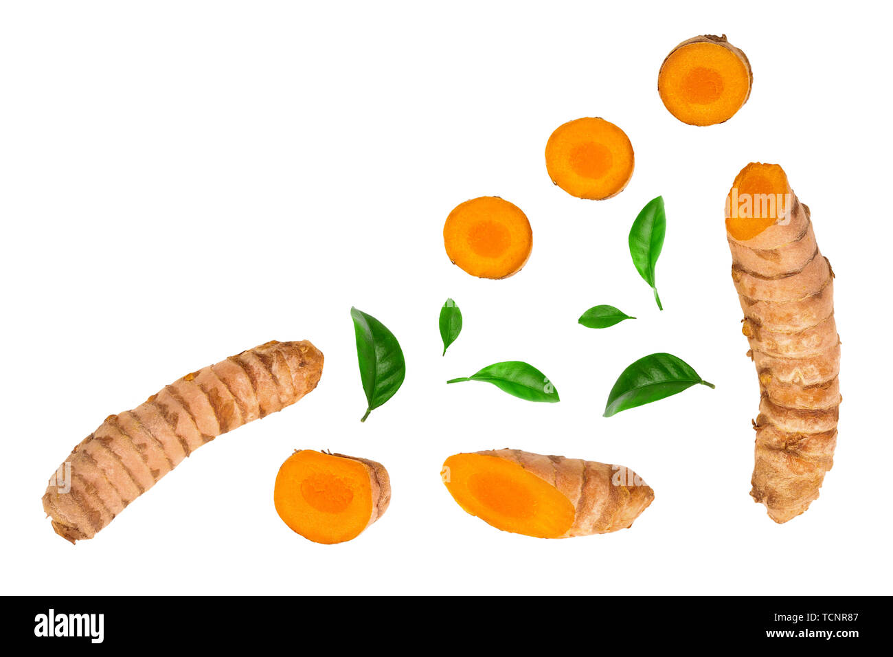 Turmeric root and slice isolated on white background with copy space ...