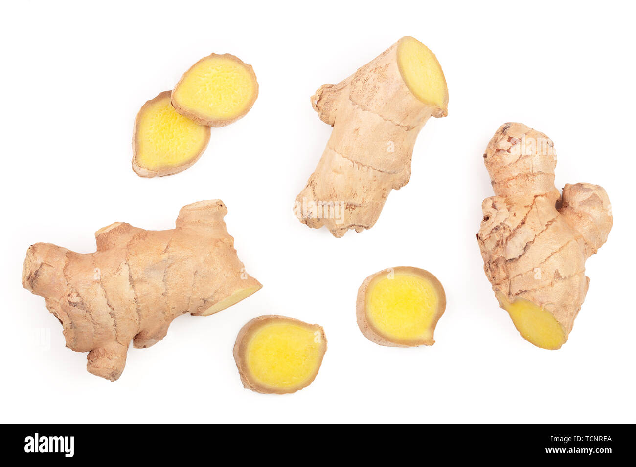 fresh Ginger root and slice isolated on white background. Top view ...
