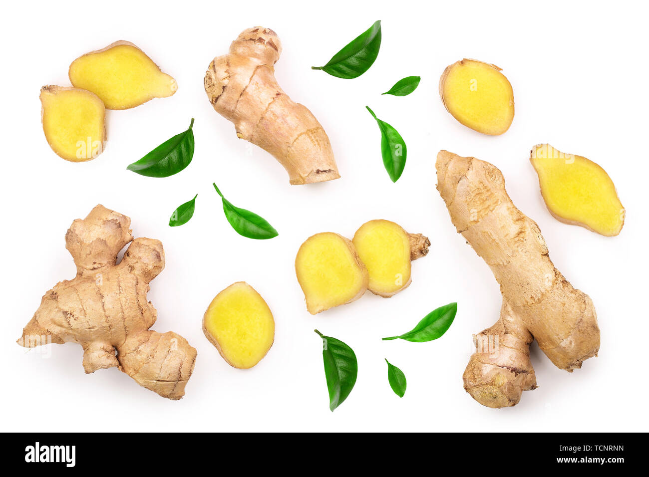 fresh Ginger root and slice isolated on white background. Top view ...