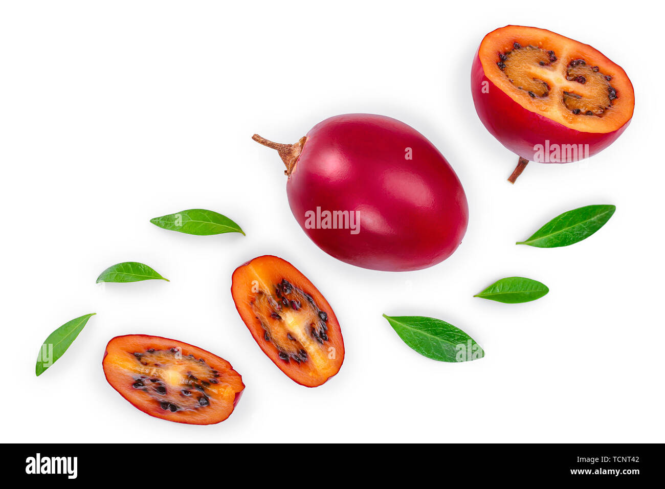 Fresh tamarillo fruit with leaves isolated on white background. Top ...