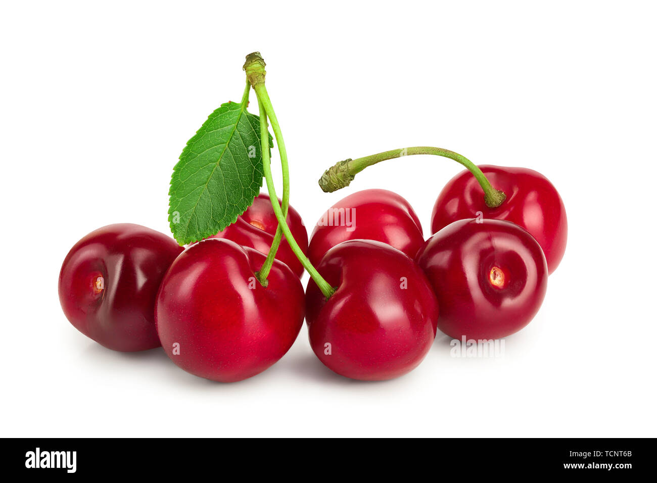 Sweet red cherries with leaves isolated on white background macro Stock ...
