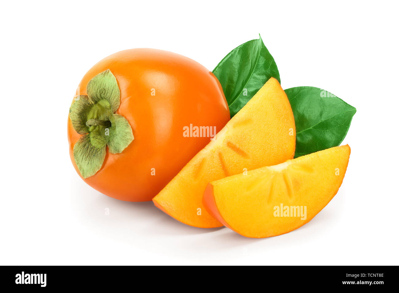Persimmon fruit with leaves isolated on white background close-up Stock ...