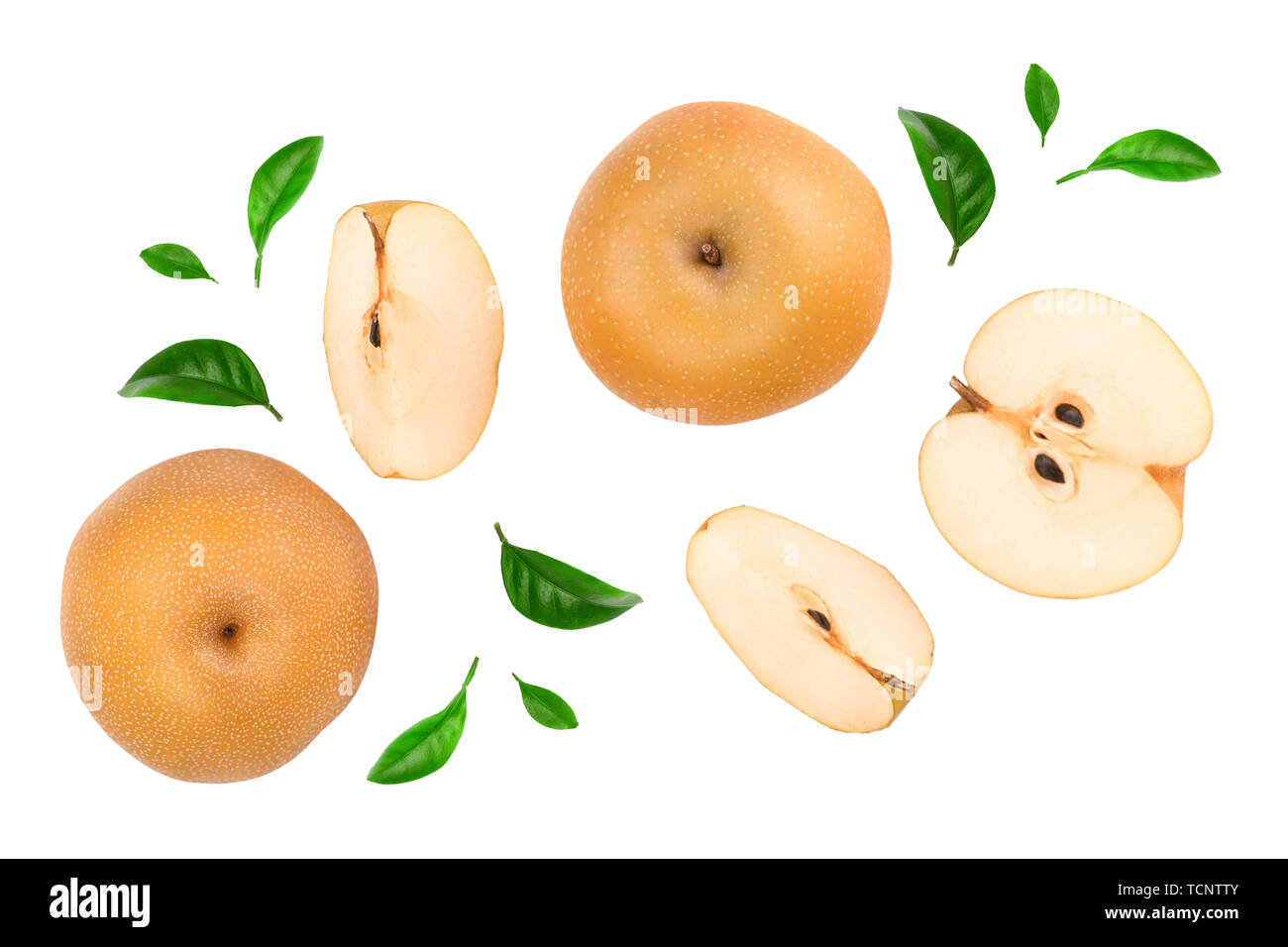 Fresh asian pear with leaves isolated on white background. Top view ...