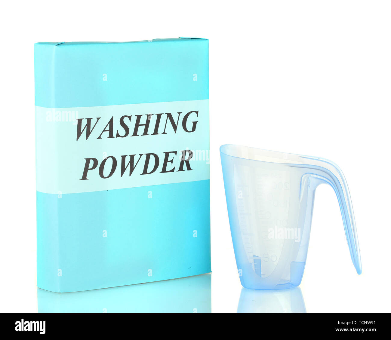 Box of washing powder with blue measuring cup isolated on white Stock ...