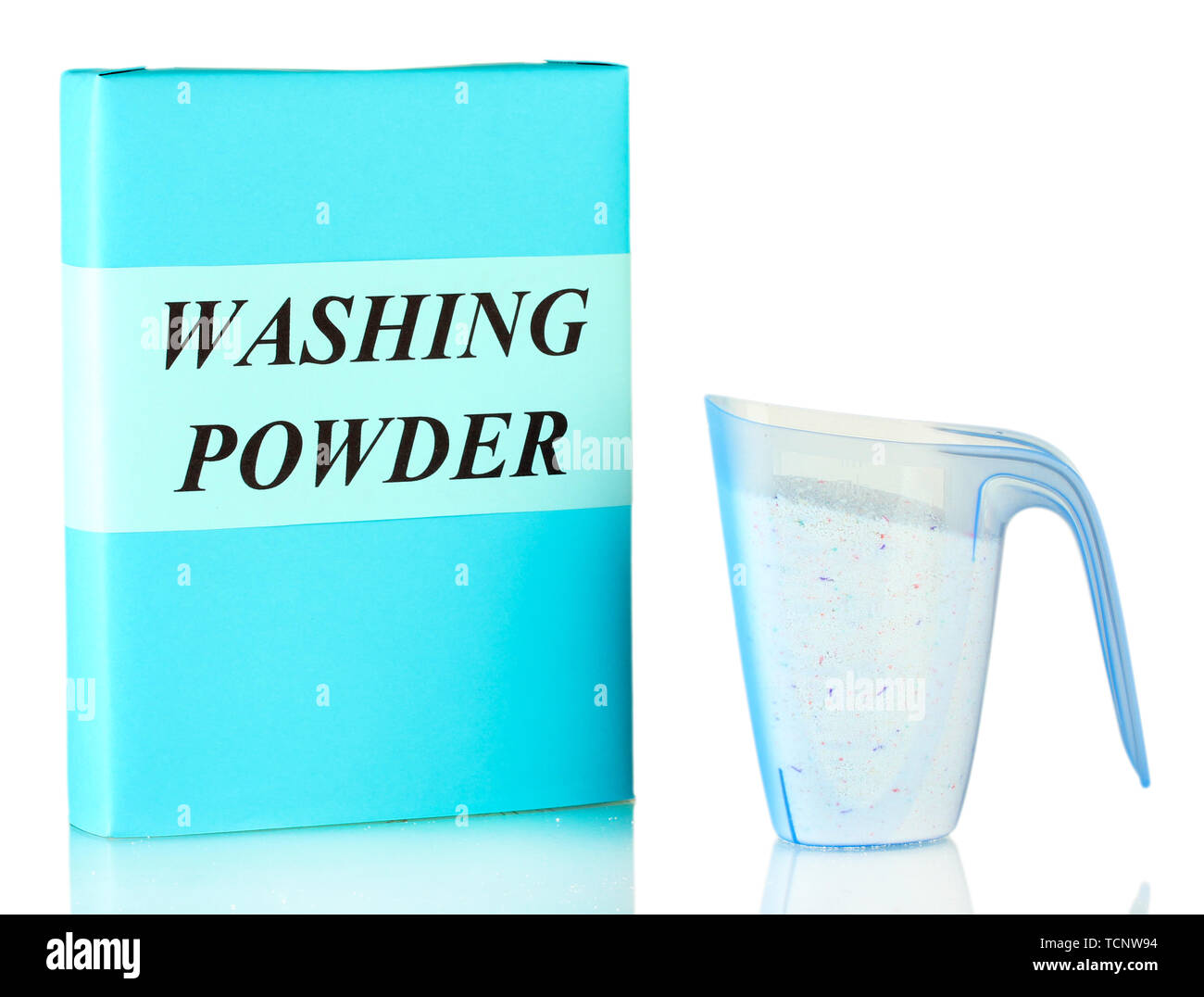 Box of washing powder with blue measuring cup isolated on white Stock ...