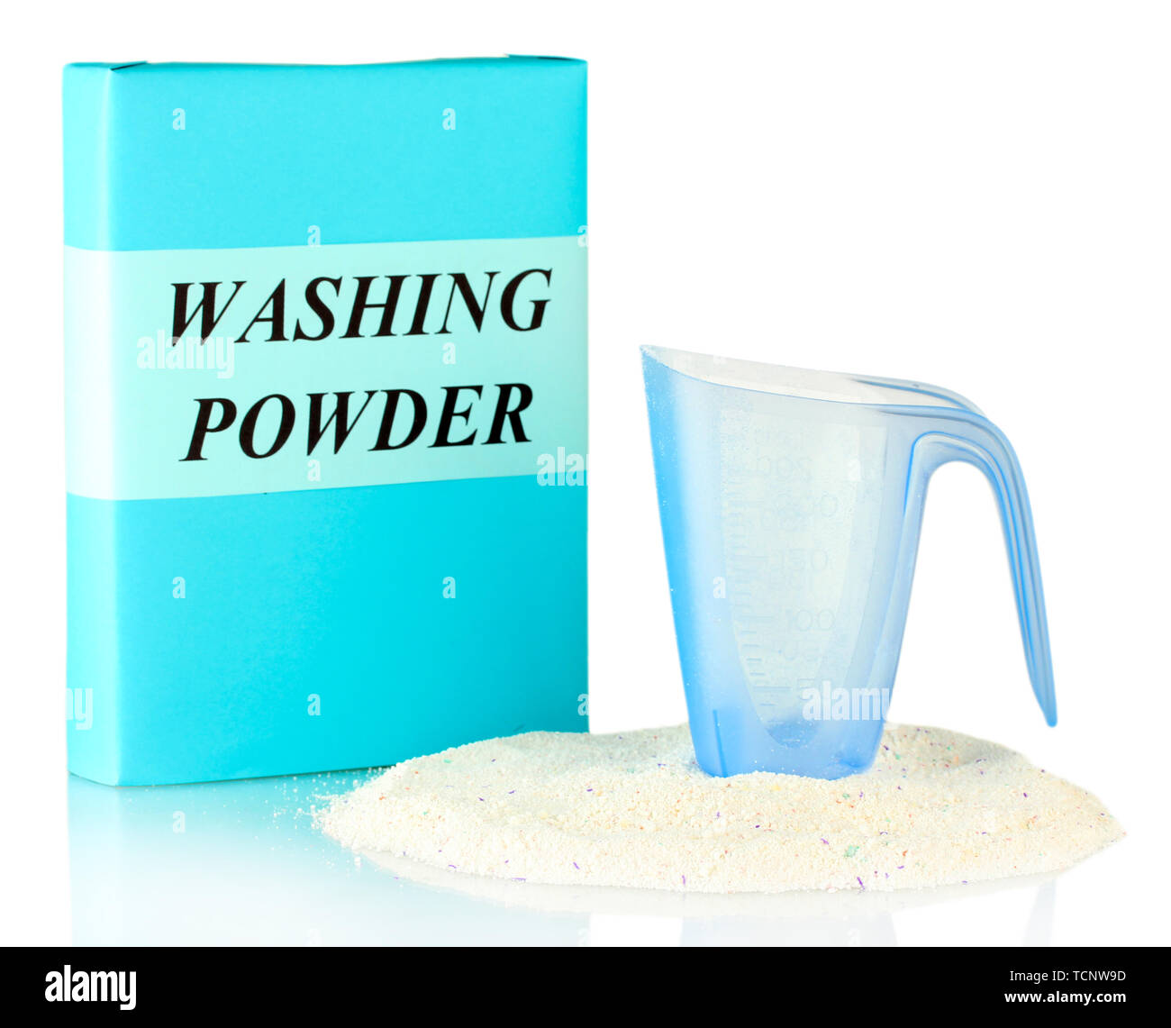 Box of washing powder with blue measuring cup, isolated on white Stock ...