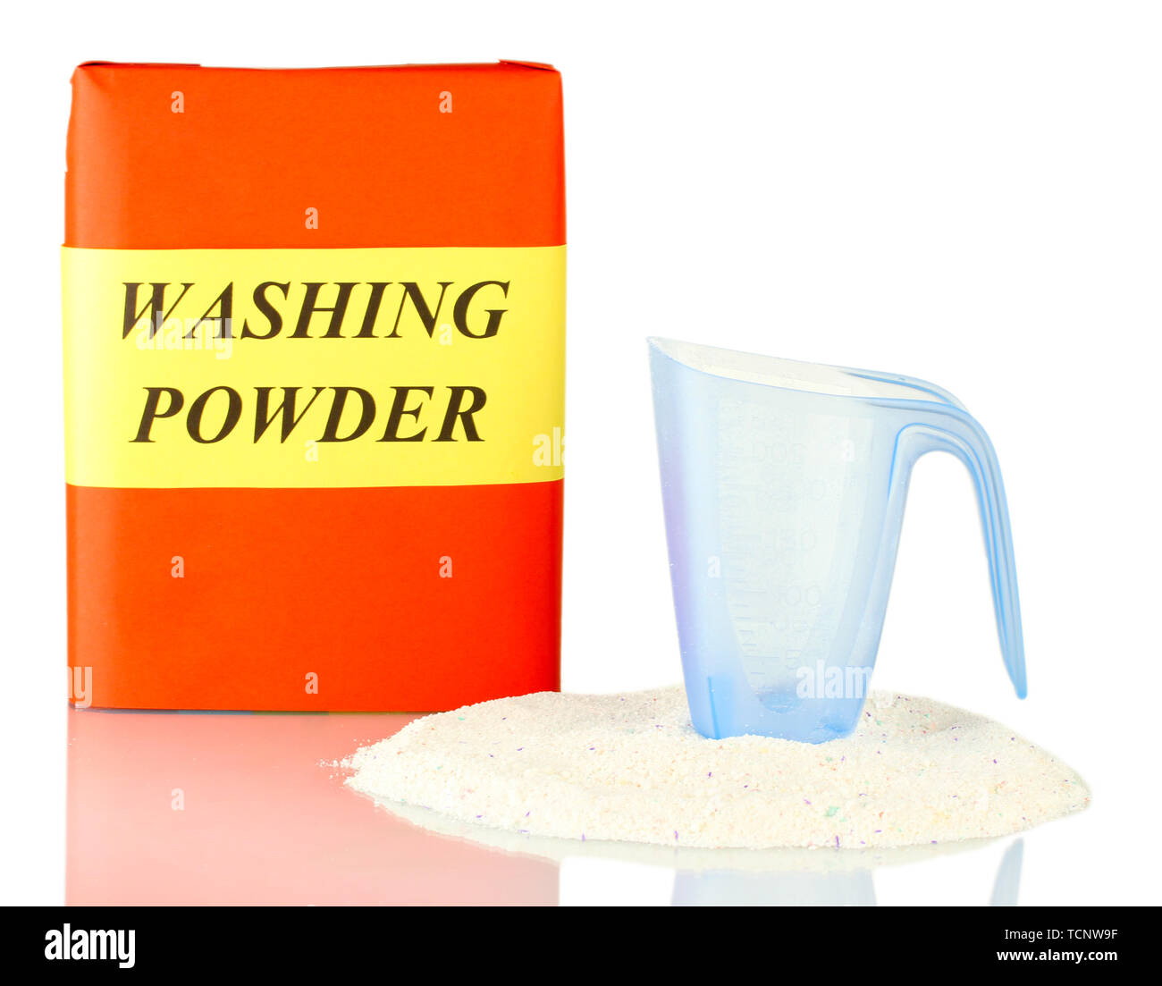 Box of washing powder with blue measuring cup, isolated on white Stock ...