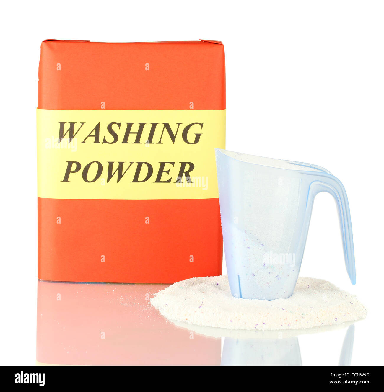 Box of washing powder with blue measuring cup, isolated on white Stock ...