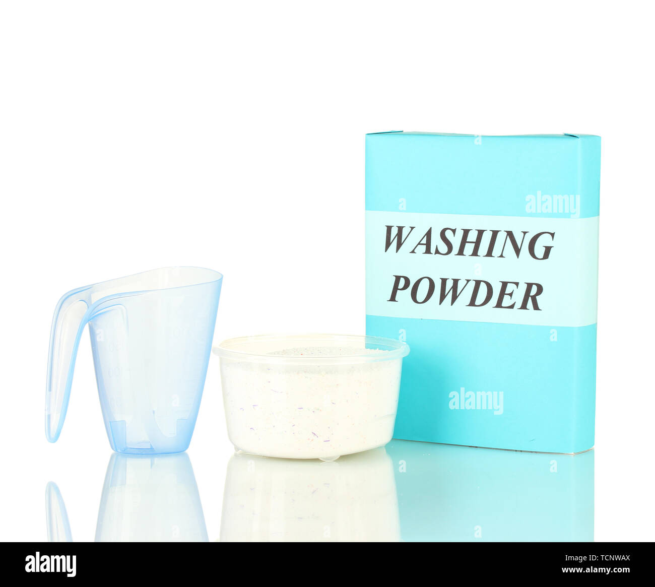 Box of washing powder with blue measuring cup, isolated on white Stock ...