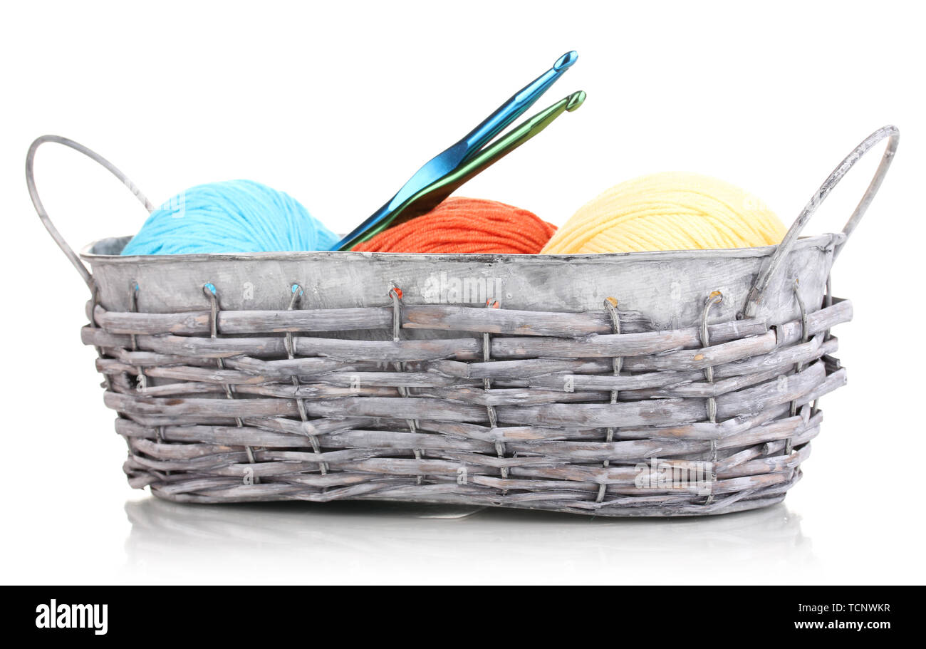 Bright threads for knitting in basket isolated on white Stock Photo - Alamy