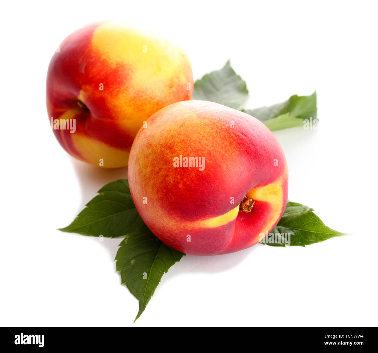 Nectarines with green leaf Cut Out Stock Images & Pictures - Alamy