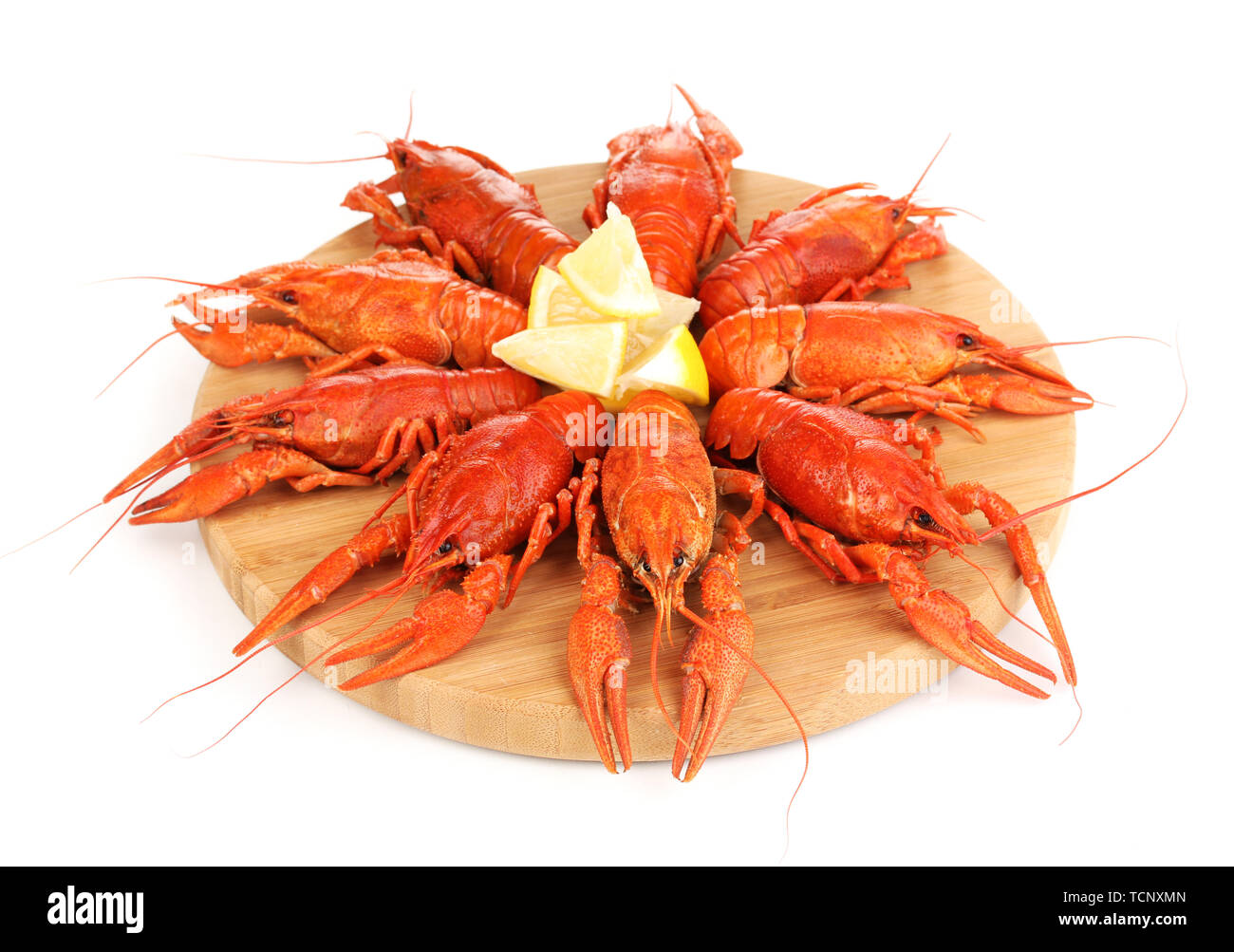 Tasty boiled crayfishes on chopping board isolated on white Stock Photo ...