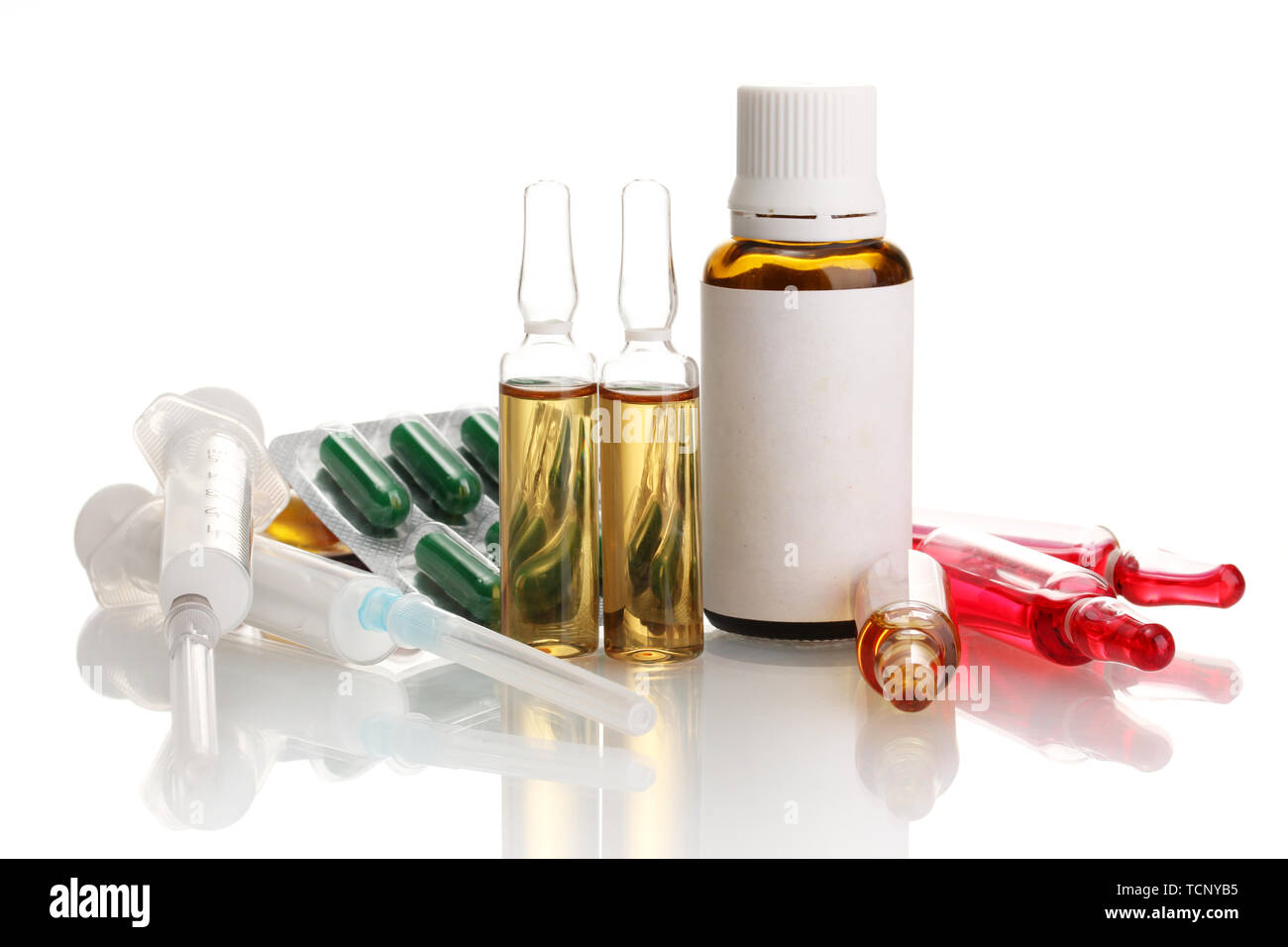 medical ampules, bottle, pills and syringes, isolated on white Stock ...