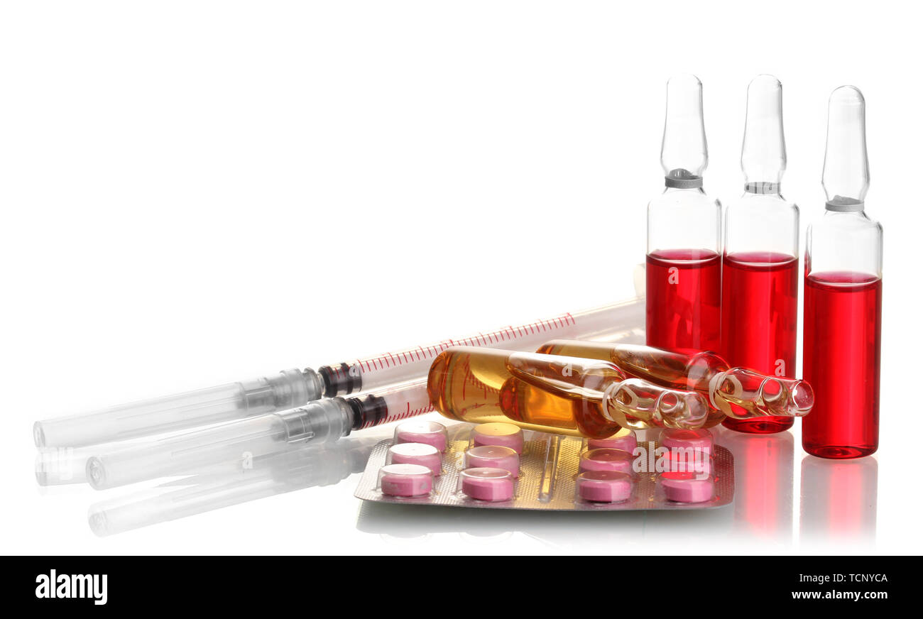 medical ampules, pills and syringes, isolated on white Stock Photo - Alamy