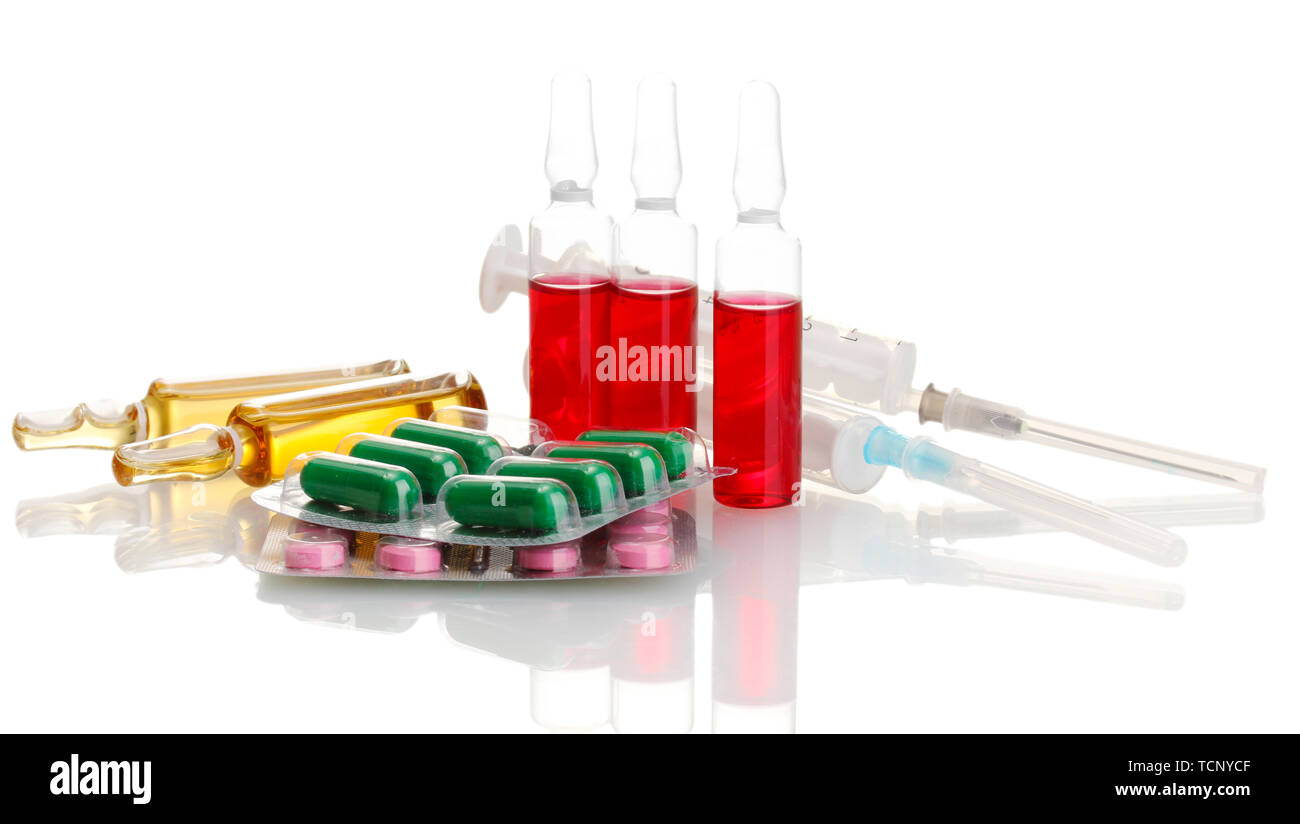 medical ampules, pills and syringes, isolated on white Stock Photo - Alamy