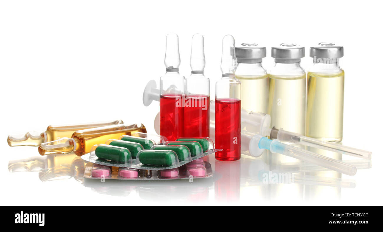 medical ampules, pills and syringes, isolated on white Stock Photo - Alamy