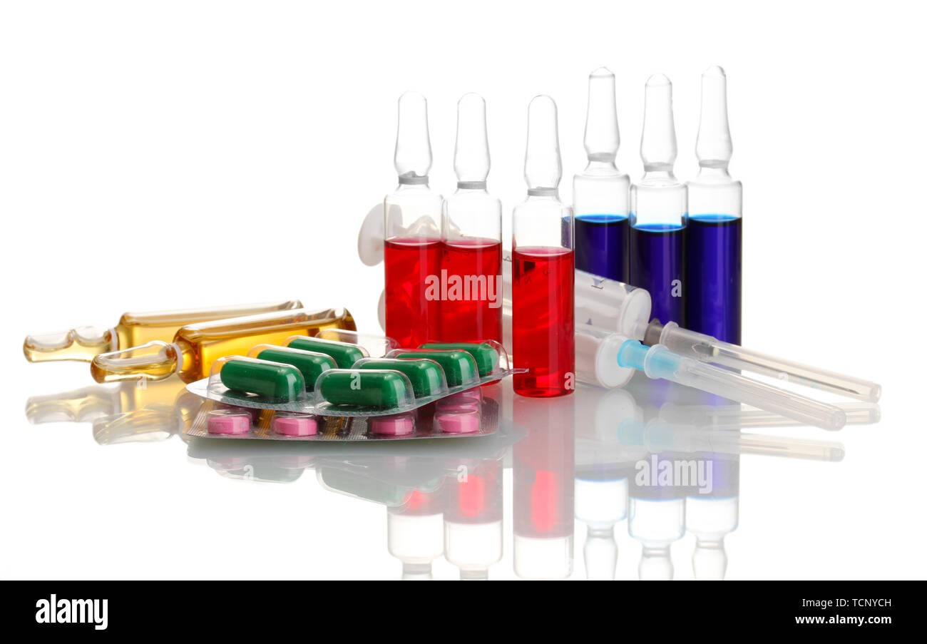 medical ampules, pills and syringes, isolated on white Stock Photo - Alamy