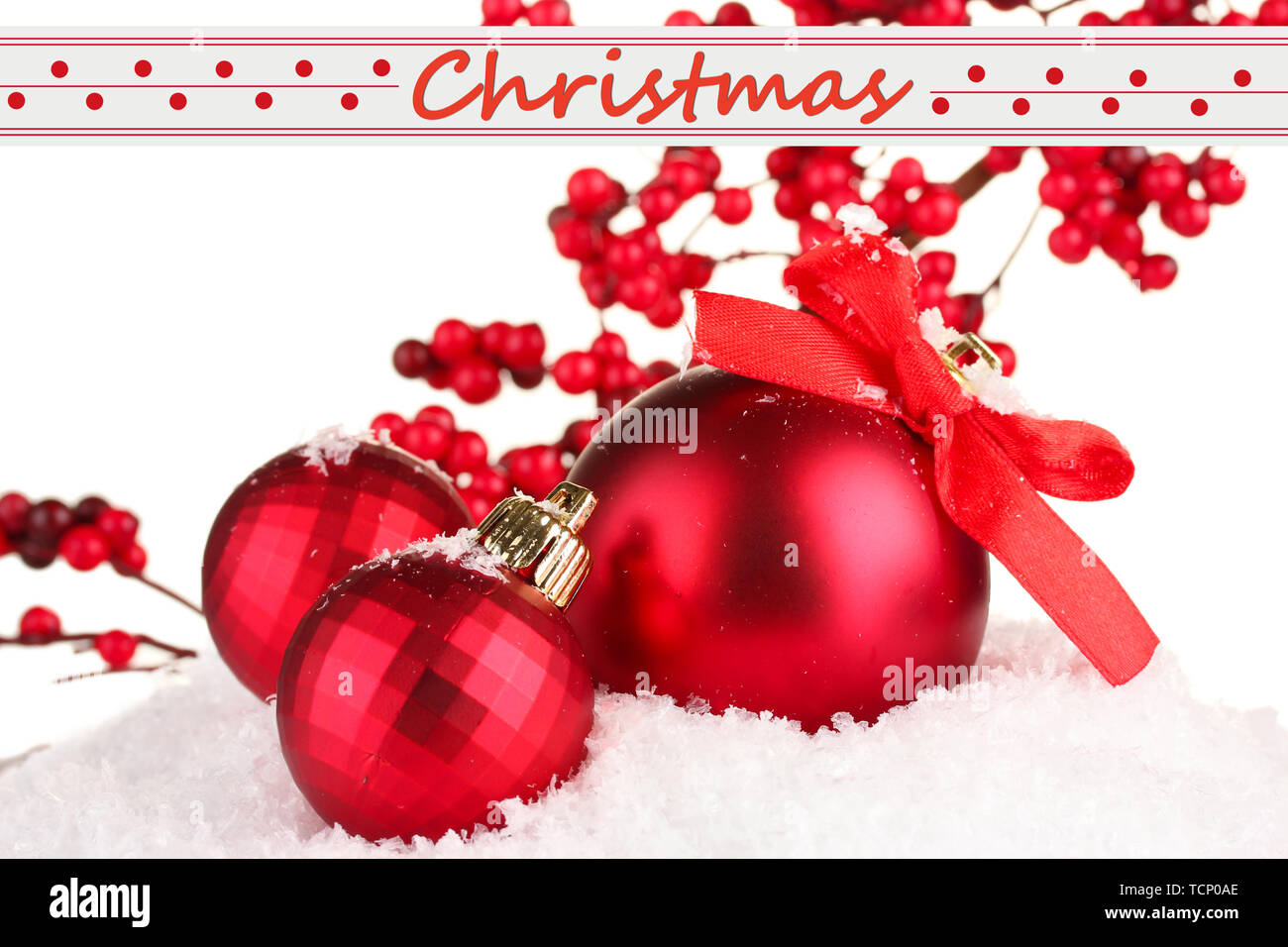 Beautiful red Christmas balls on snow, isolated on white Stock Photo ...