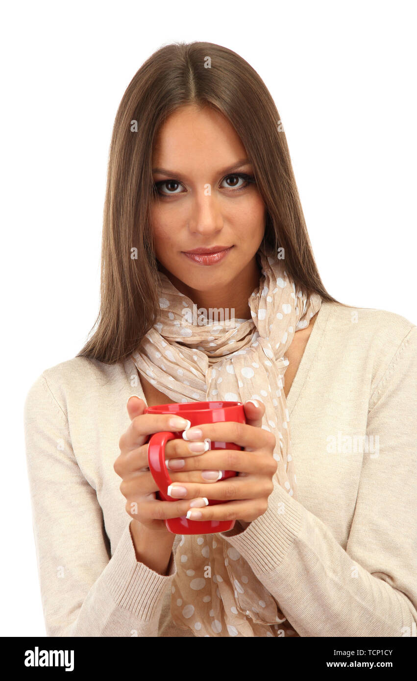 beautiful young woman with cup of tea, isolated on white Stock Photo ...