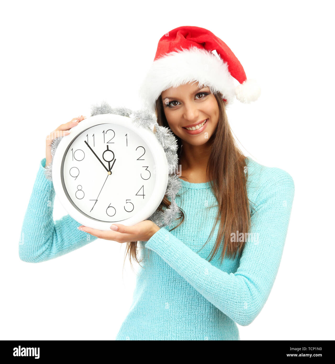 beautiful young woman with clock, isolated on white Stock Photo - Alamy