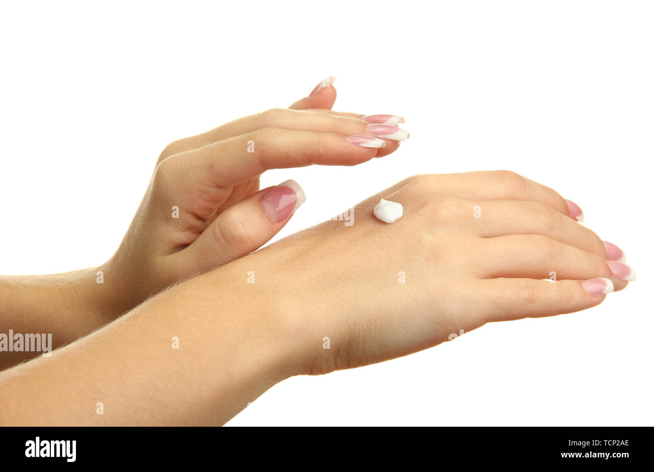 Beautiful woman hands with cream, isolated on white Stock Photo - Alamy