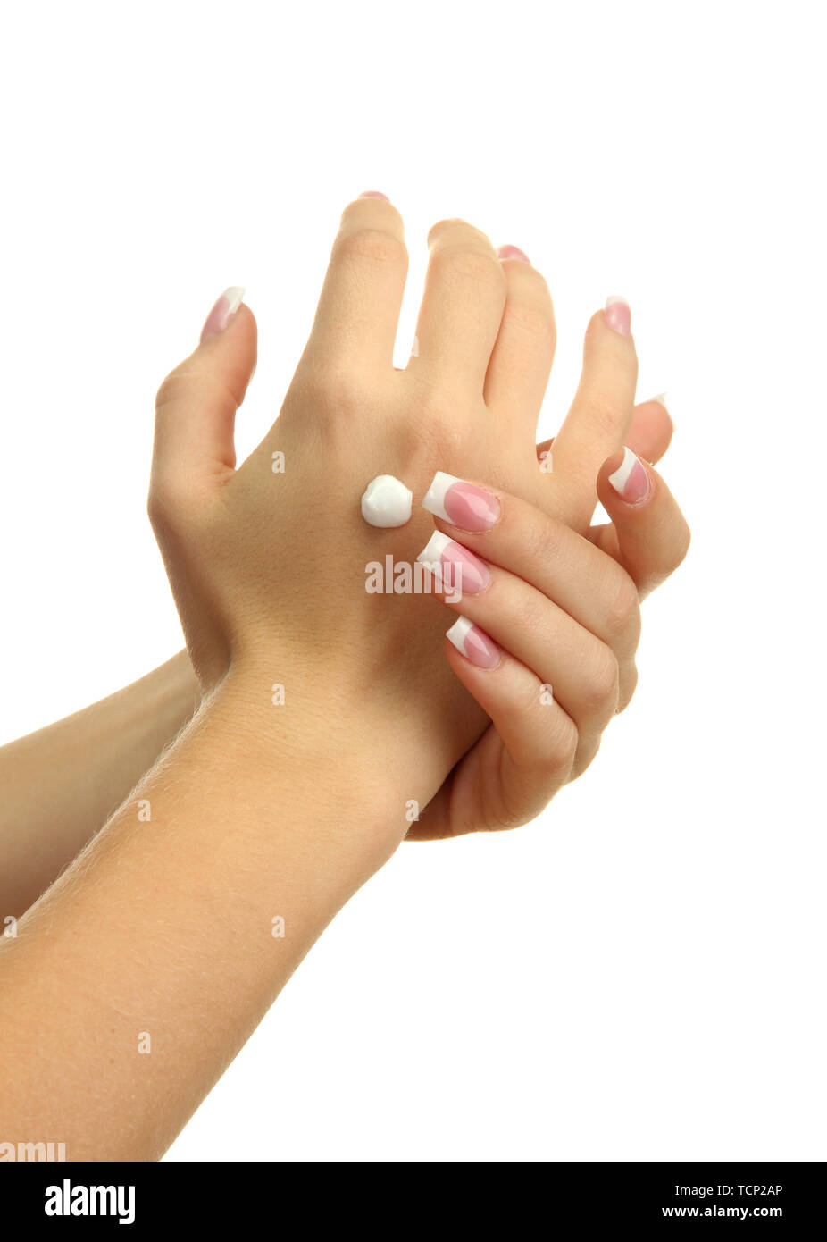 Beautiful woman hands with cream, isolated on white Stock Photo - Alamy