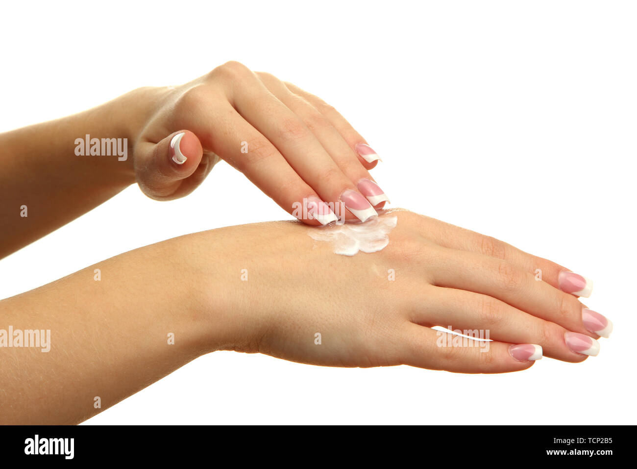Beautiful woman hands with cream, isolated on white Stock Photo - Alamy