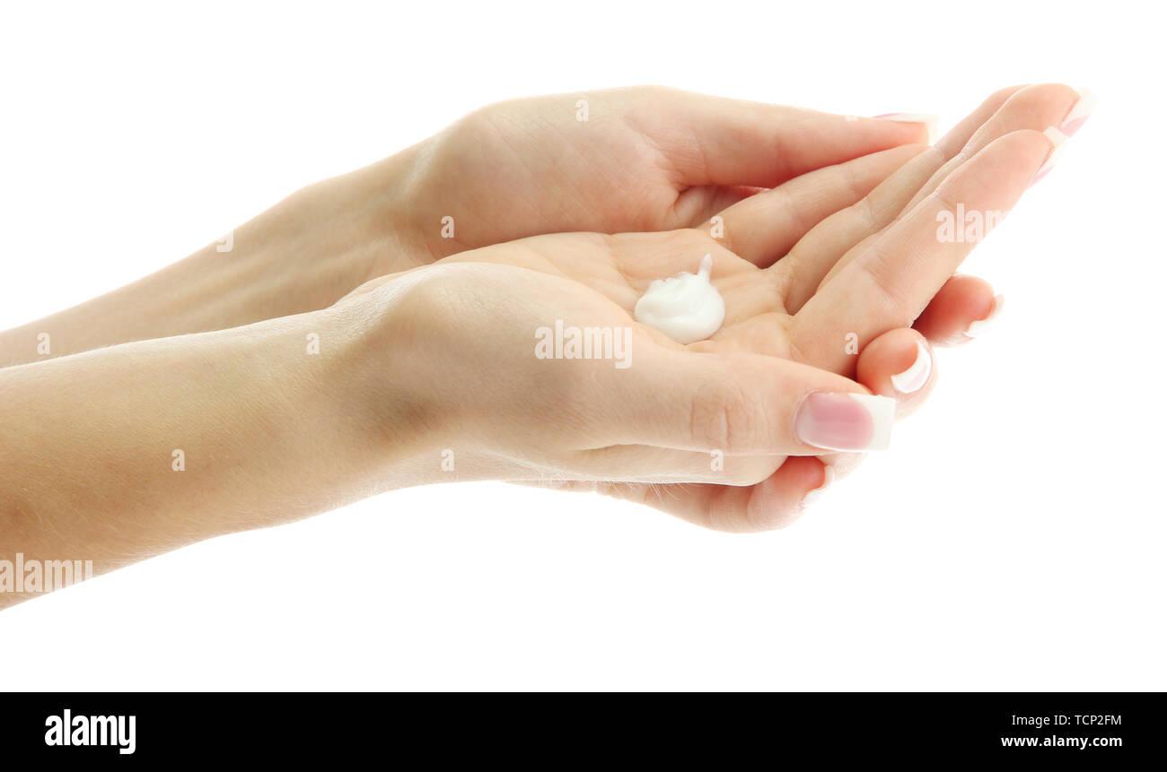 Beautiful woman hands with cream, isolated on white Stock Photo - Alamy