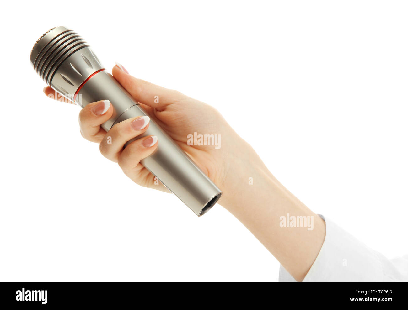 female hand with microphone isolated on white Stock Photo - Alamy