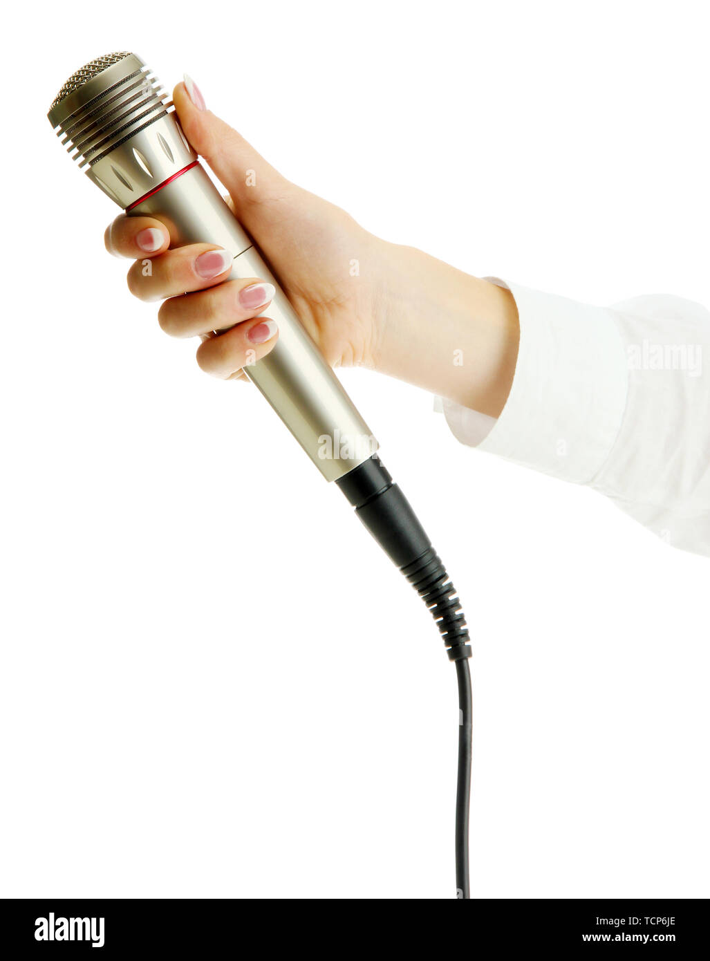 female hand with microphone isolated on white Stock Photo - Alamy
