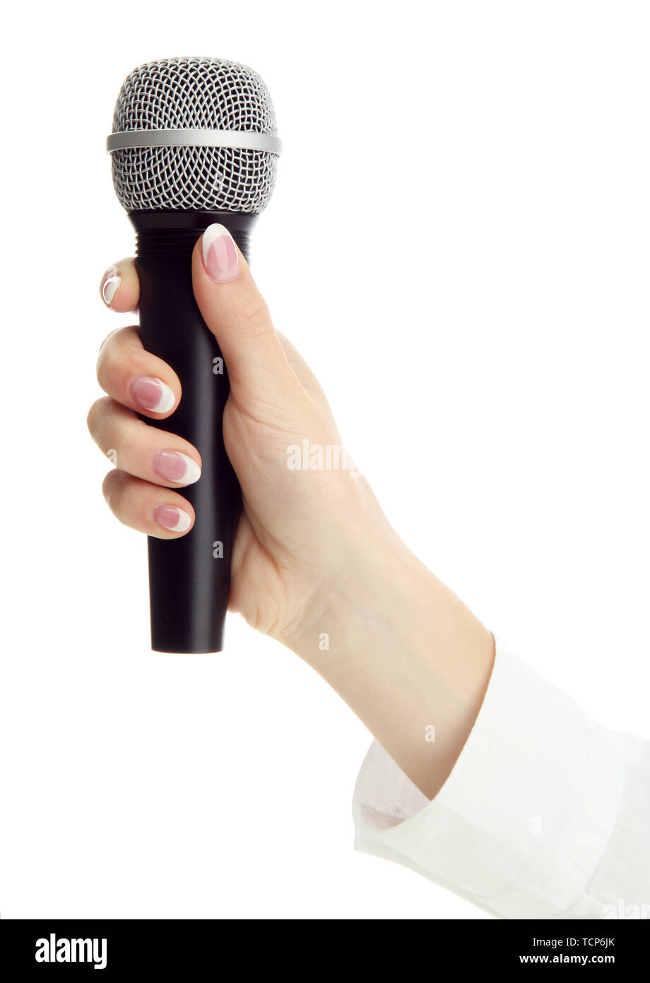 female hand with microphone isolated on white Stock Photo - Alamy