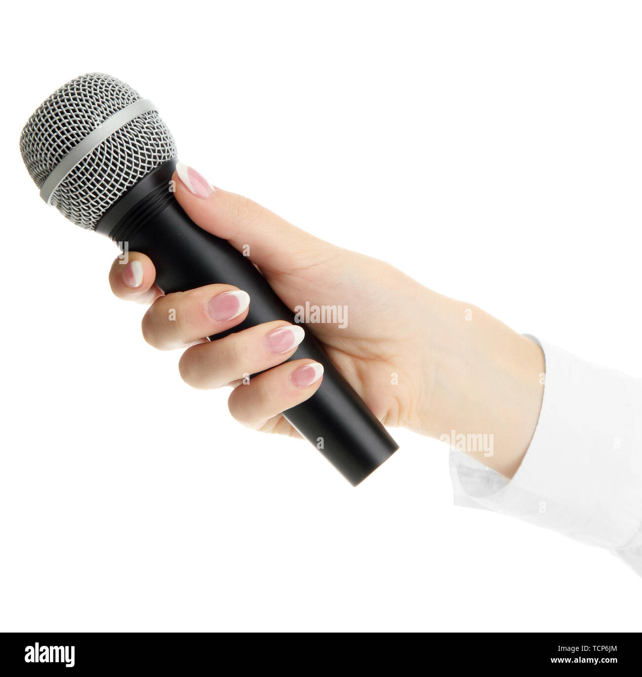 female hand with microphone isolated on white Stock Photo - Alamy