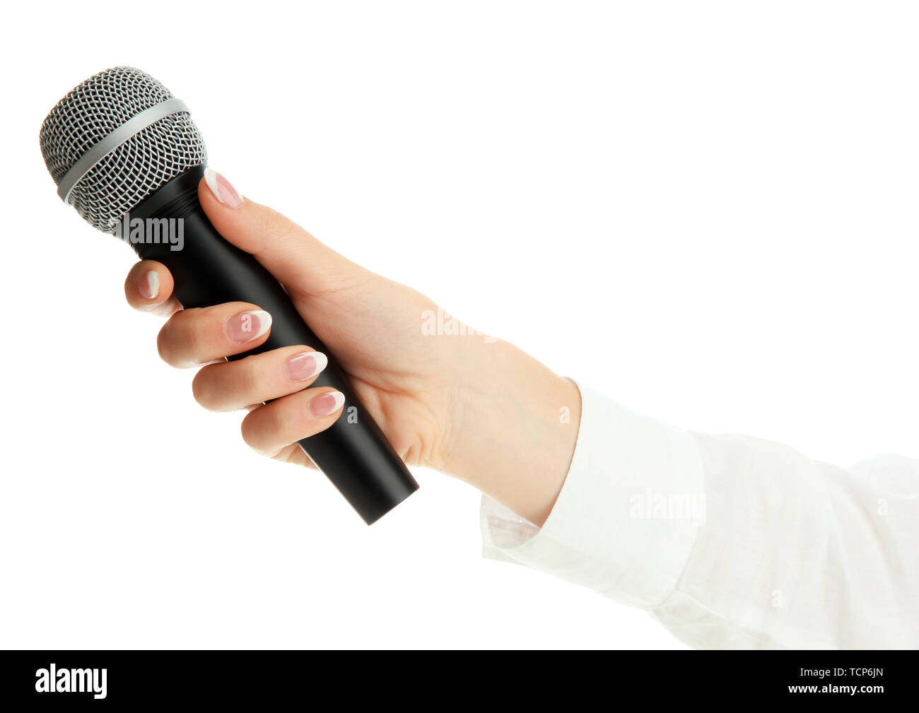 female hand with microphone isolated on white Stock Photo - Alamy