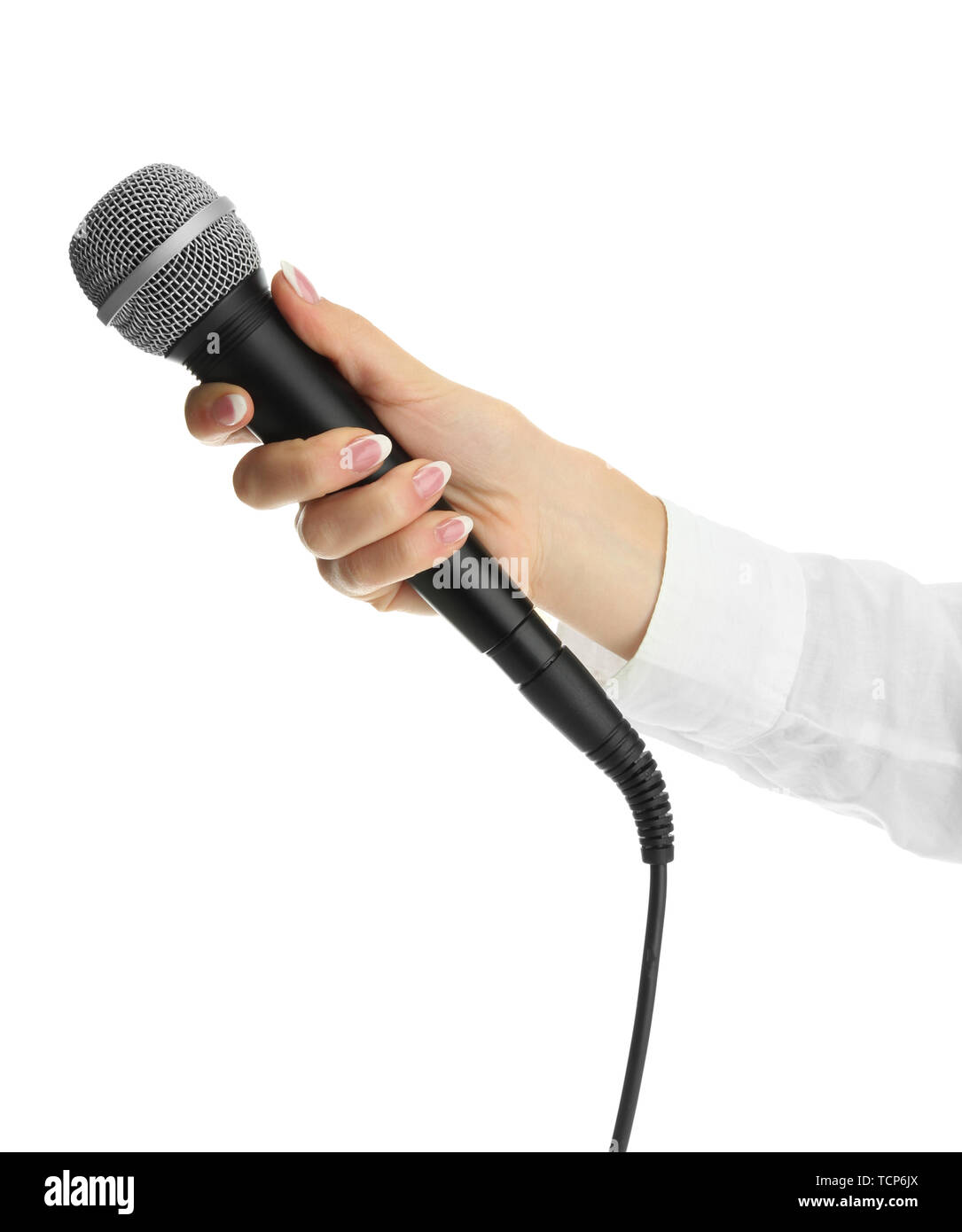 female hand with microphone isolated on white Stock Photo - Alamy