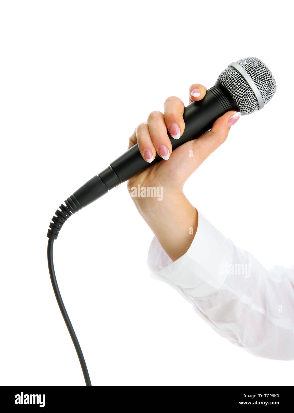 female hand with microphone isolated on white Stock Photo - Alamy