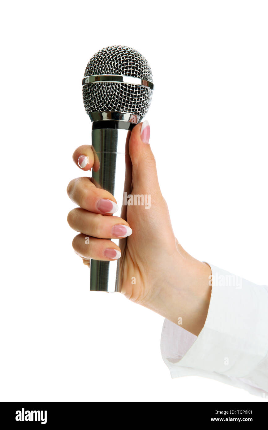 female hand with microphone isolated on white Stock Photo - Alamy