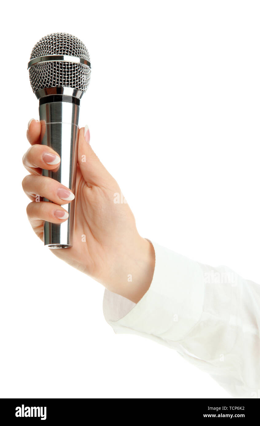 female hand with microphone isolated on white Stock Photo - Alamy